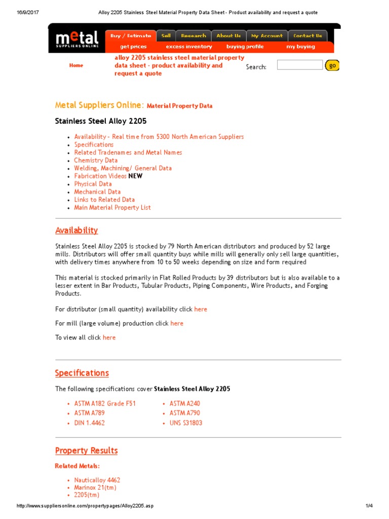 Alloy 22205 Stainless Steel Material Property Data Sheet | PDF ...