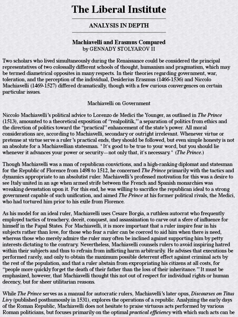 Machiavelli vs Erasmus: Ideals Compared | PDF | The Prince | Niccolò ...