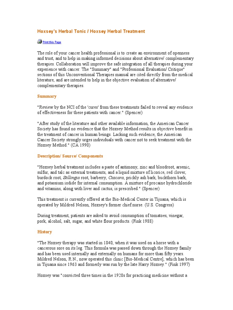 Hoxsey's Herbal Tonic / Hoxsey Herbal Treatment: Print This Page ...