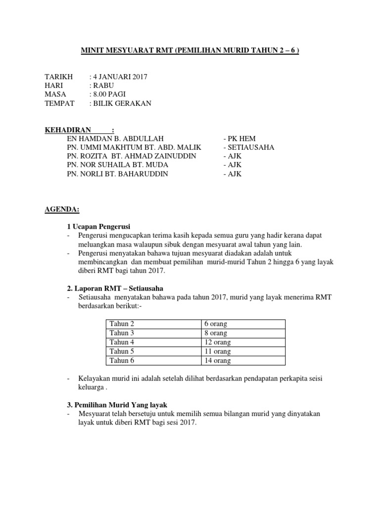 Contoh Minit Mesyuarat RMT | PDF