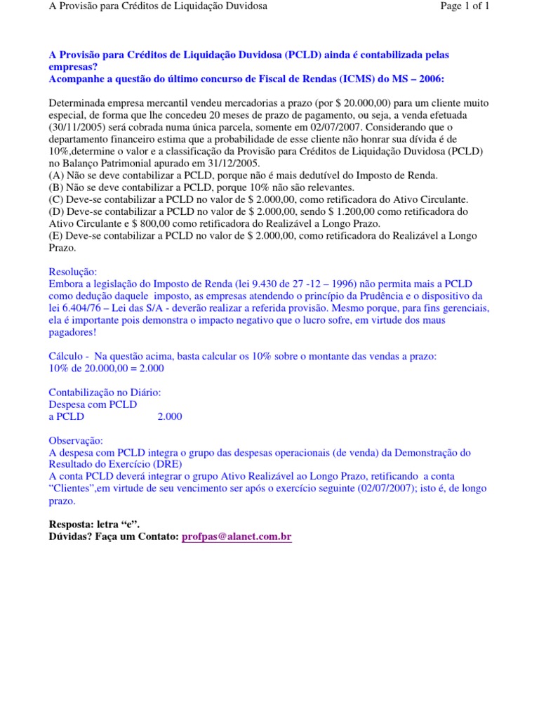 Exercicios Gabarito Provisão para Créditos de Liquidação Duvidosa (PCLD ...