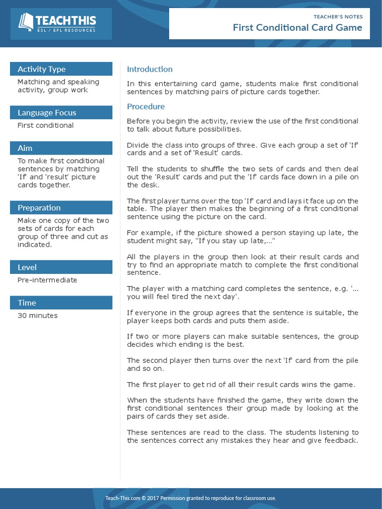 First Conditional Card Game | PDF | English As A Second Or Foreign ...