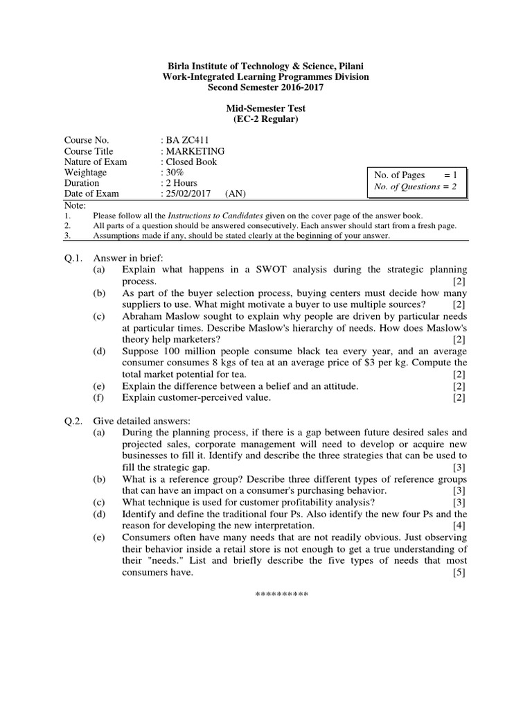 BITS Pilani Marketing Mid Term Question Paper | PDF | Marketing | Test ...