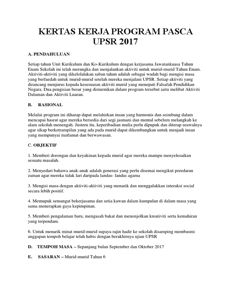 Kertas Kerja Program Pasca Upsr 2017 | PDF