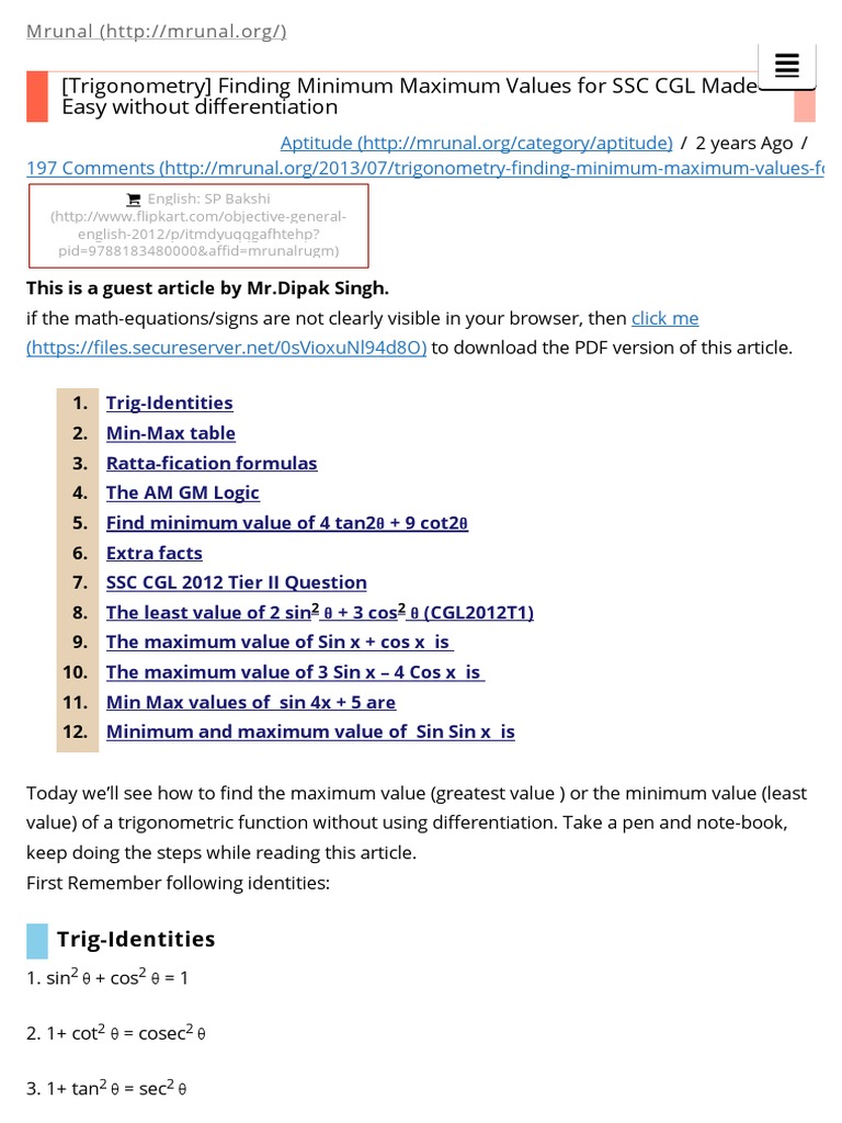 Trigonometry How To Find Minimum Maximum Values Quickly Pdf Trigonometric Functions Sine