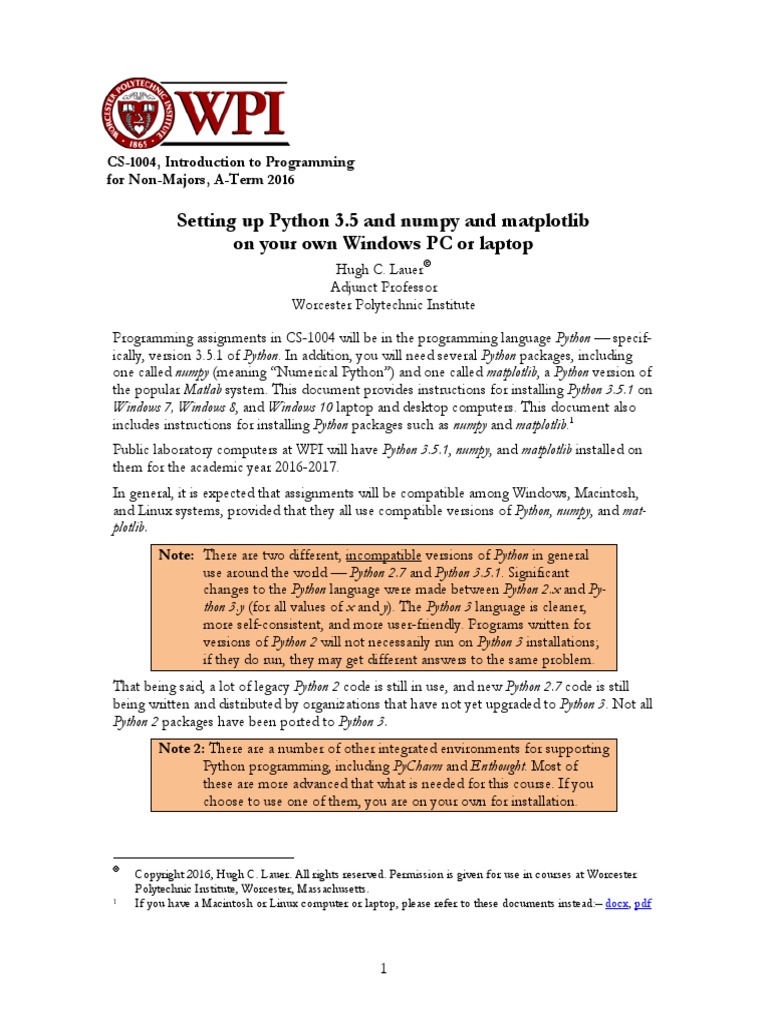 Setting Up Python 35 And Numpy And Matplotlib On Your Own Windows Pc Or Laptop Pdf Command