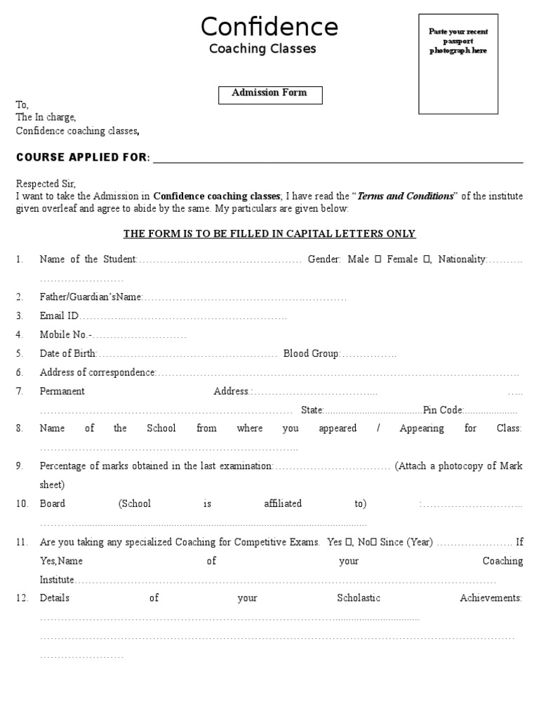 Coaching Classes: Admission Form | PDF | Fee | Arbitral Tribunal