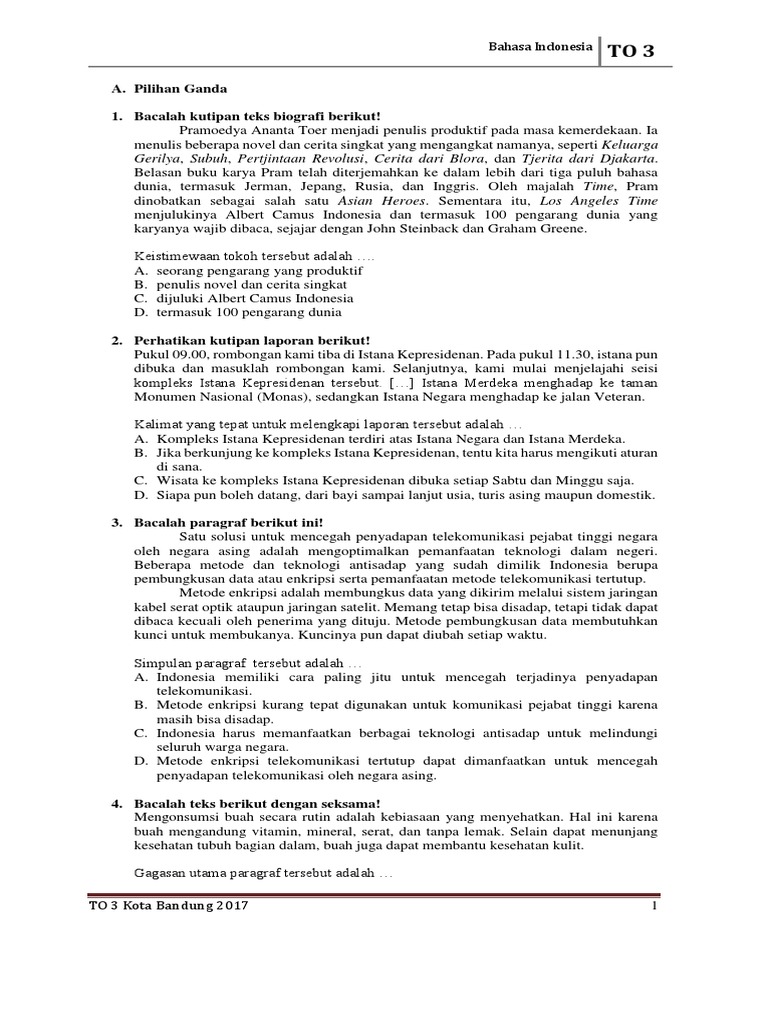 Soal TO3 Bahasa Indonesia 2017 | PDF | Kajian Bahasa Asing