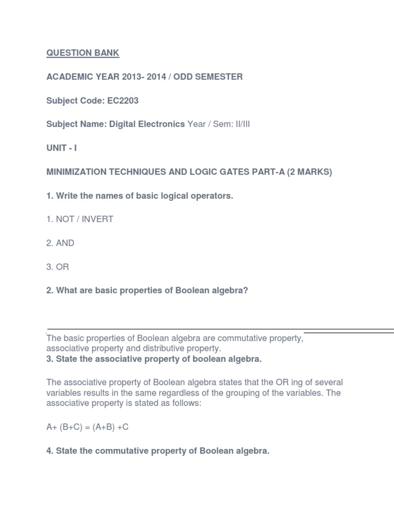 Digital Electronics Question Bank for Academic Year 2013-2014 Covering Minimization Techniques ...