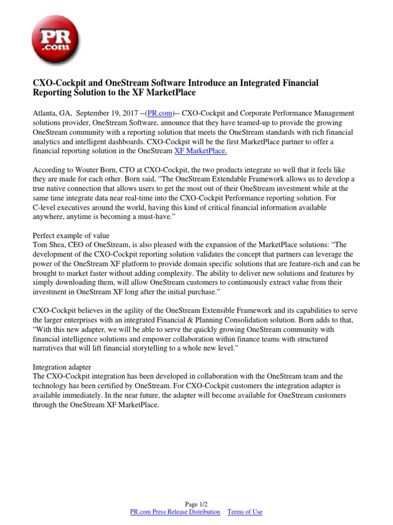 CXO-Cockpit and OneStream Software Introduce An Integrated Financial ...