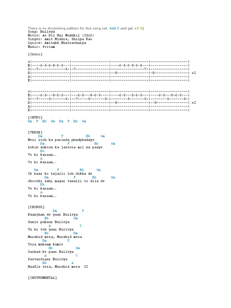 Bulleya - Guitar Chords | PDF | Bollywood | Popular Music