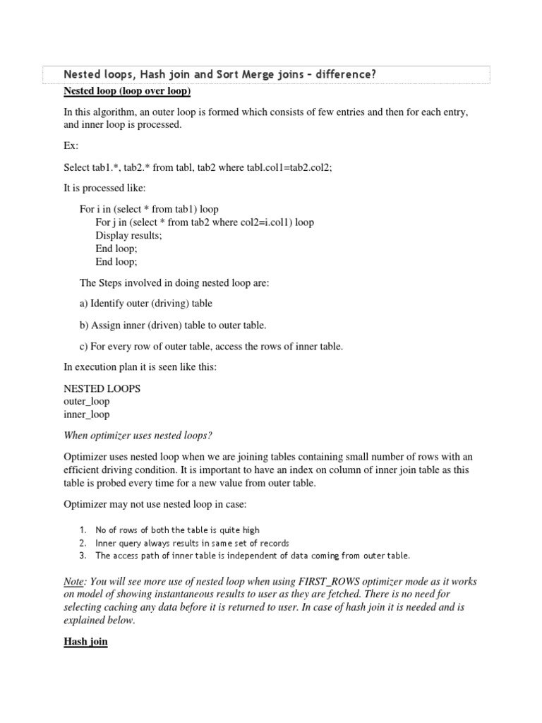 Nested Loops Hash Join And Sort Merge Joins Difference Nested Loop Loop Over Loop Pdf 7168