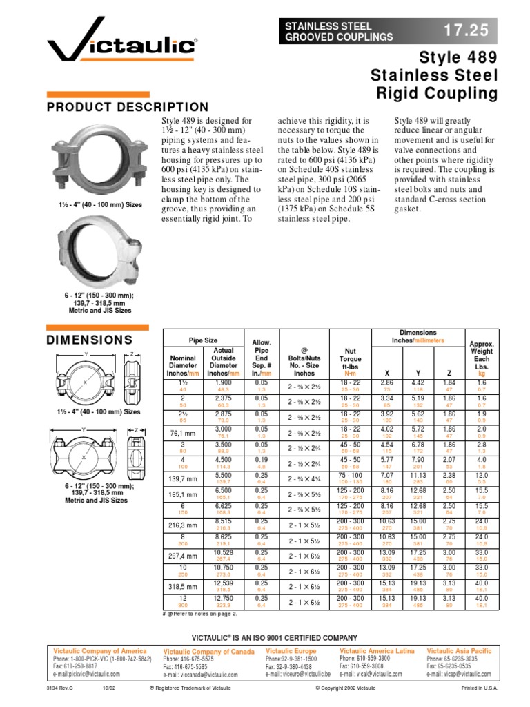 17.25 Victaulic Style 489 Stainless Steel Rigid Coupling | Pipe (Fluid ...