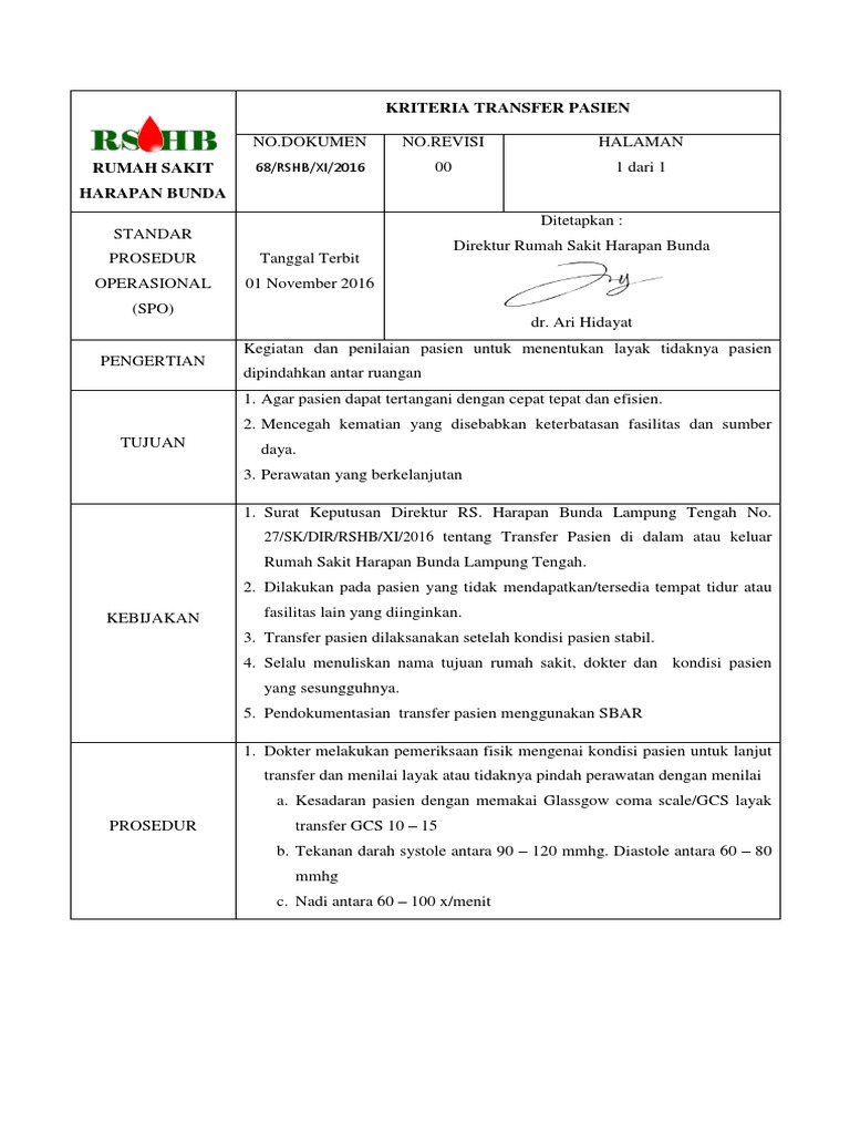 Kriteria Transfer Pasien RSHB | PDF
