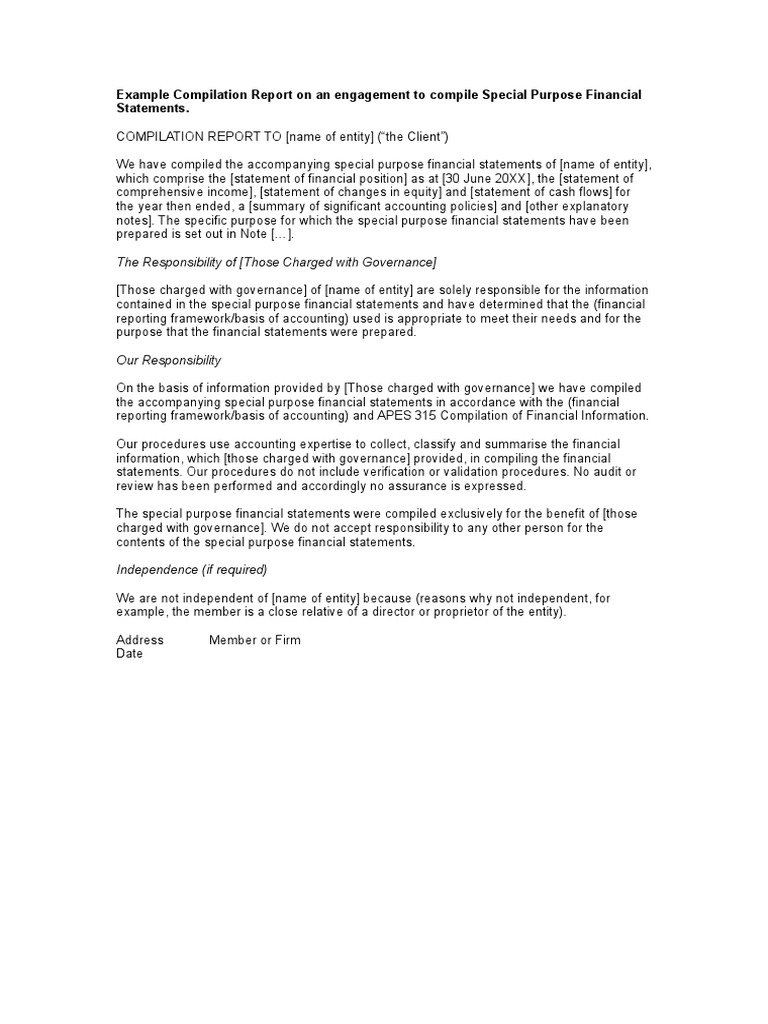 Example Compilation Report On An Engagement To Compile Special Purpose ...