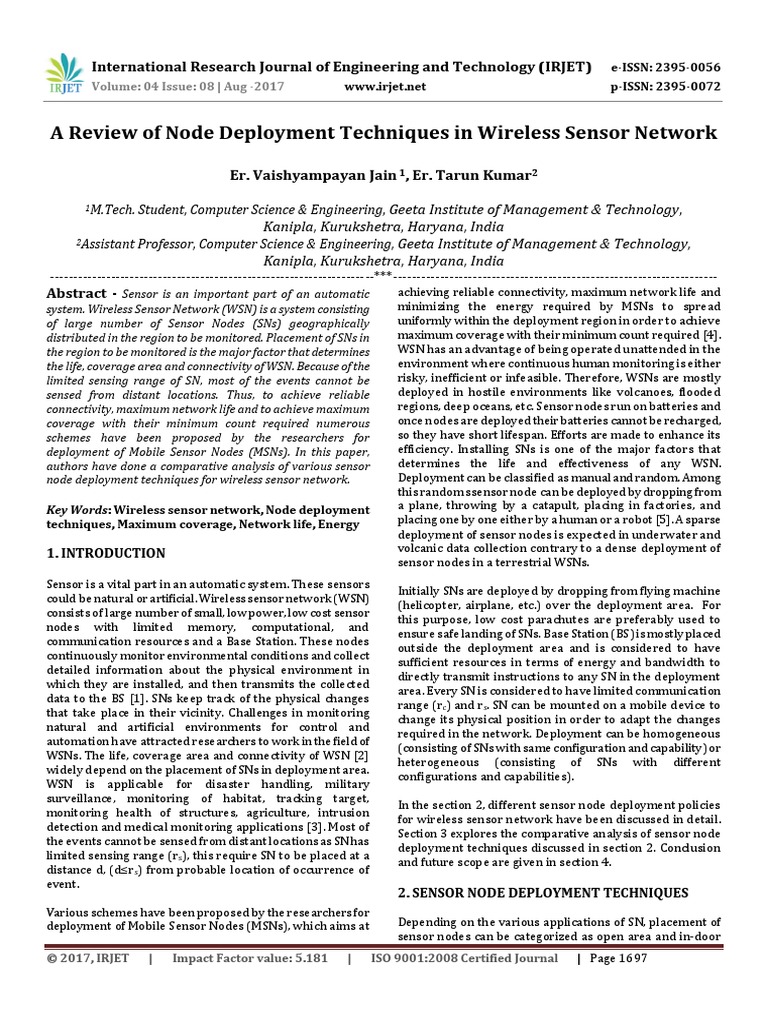 A Review of Node Deployment Techniques in Wireless Sensor Network | PDF | Wireless Sensor ...