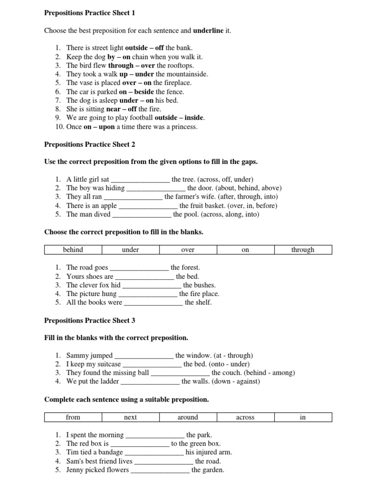 Prepositions Practice Sheet 1 | PDF