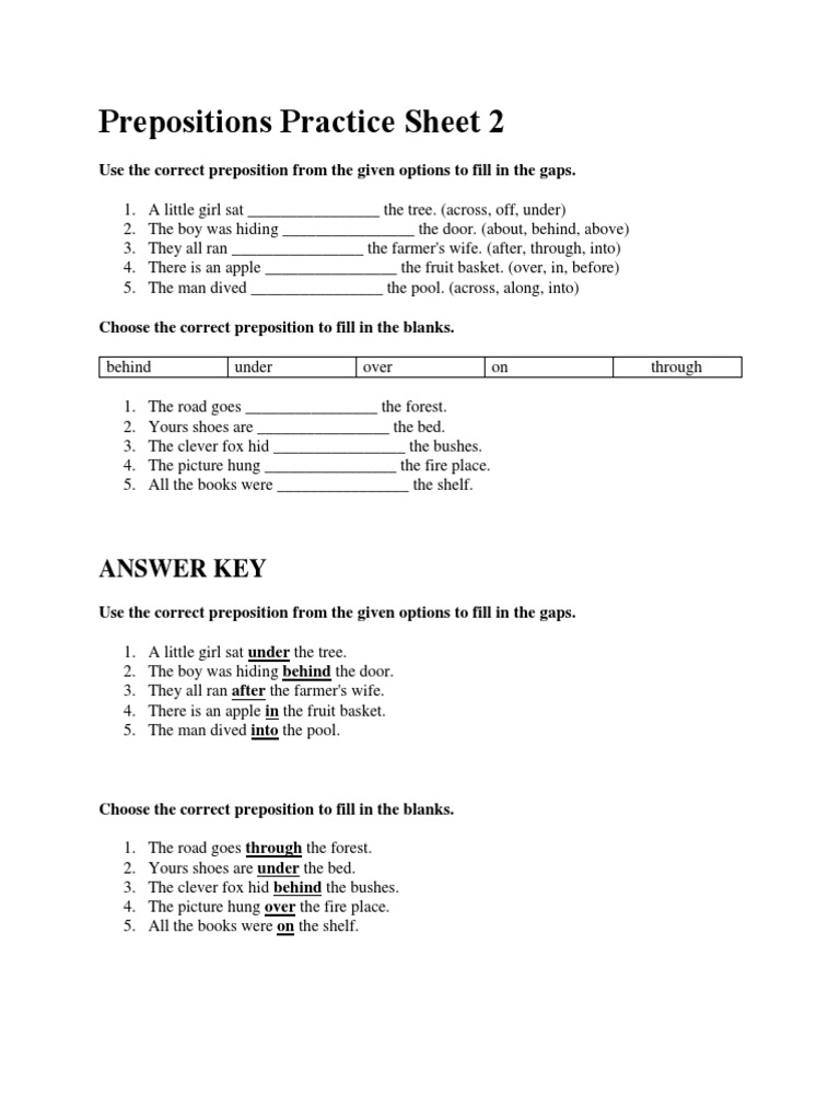 Prepositions Practice Sheet 2 | PDF