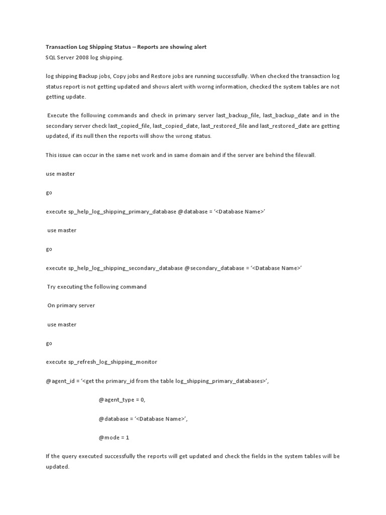 Transaction Log Shipping Status | PDF | Microsoft Sql Server | Databases