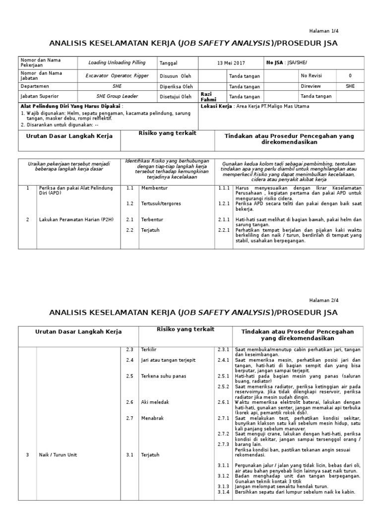 JSA Mengoperasikan Exca Dan Penurunan Barang | PDF