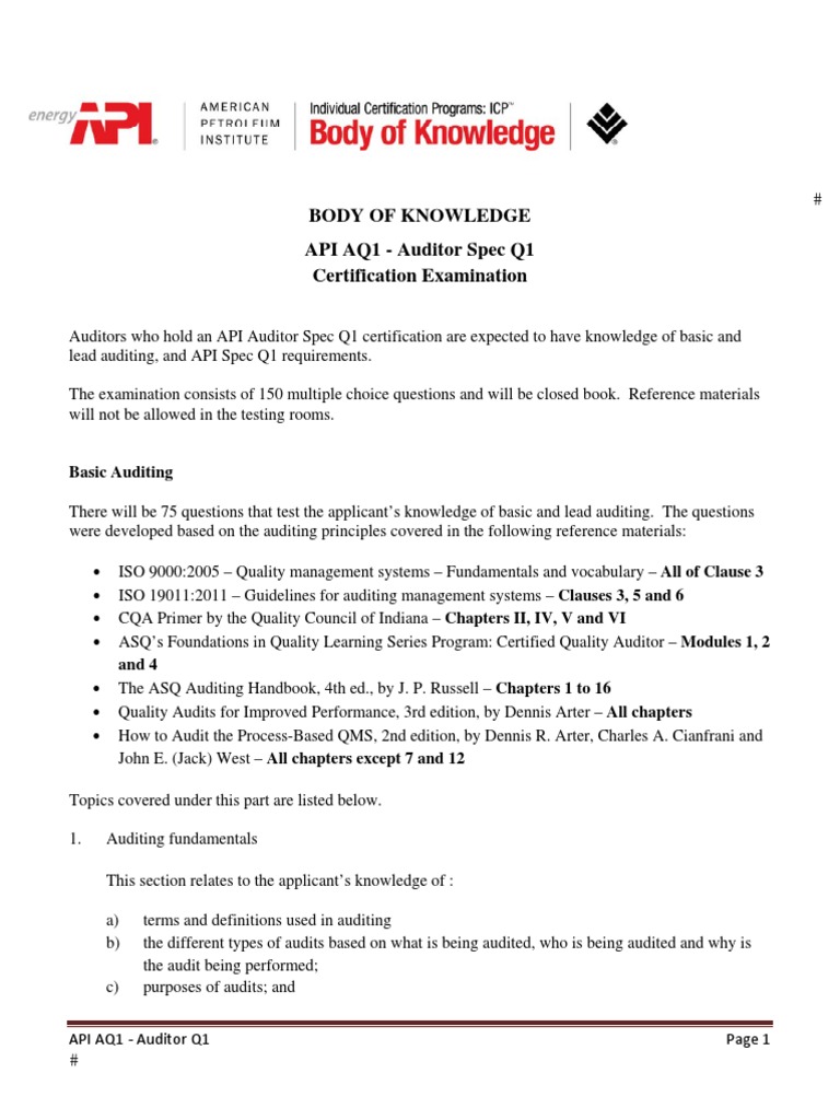 Body of Knowledge API AQ1 - Auditor Spec Q1 Certification Examination ...