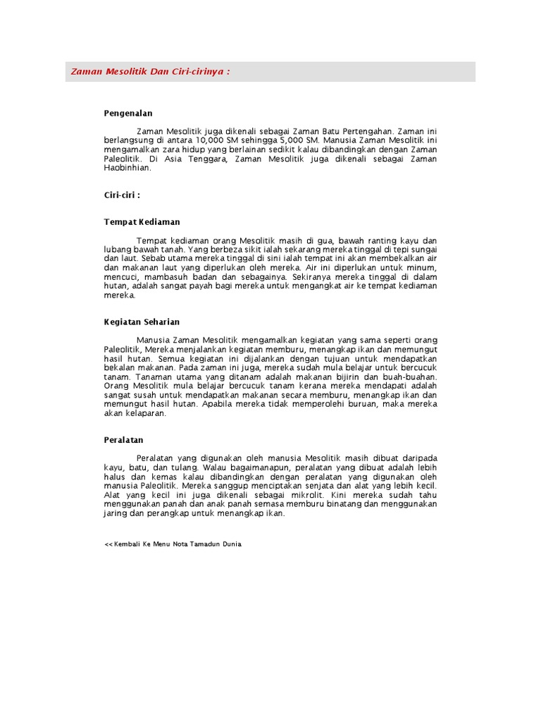 Ciri-ciri Zaman Mesolitik dan Kehidupan | PDF
