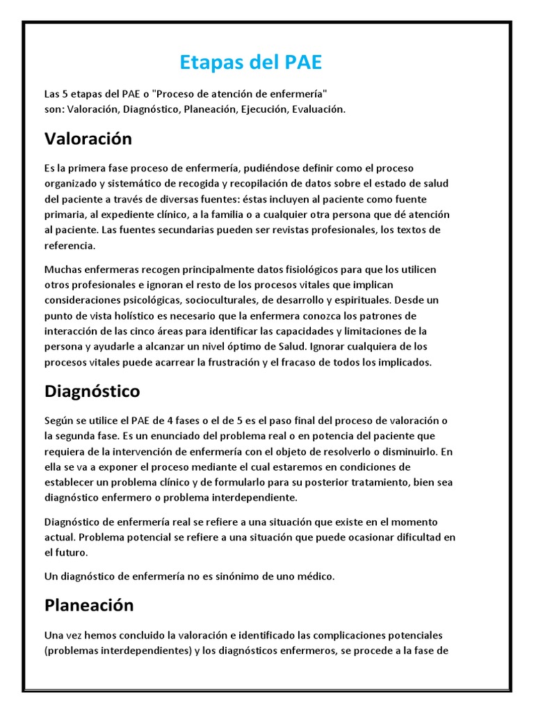 Etapas Del PAE | PDF | Enfermería | Cuidado de la salud