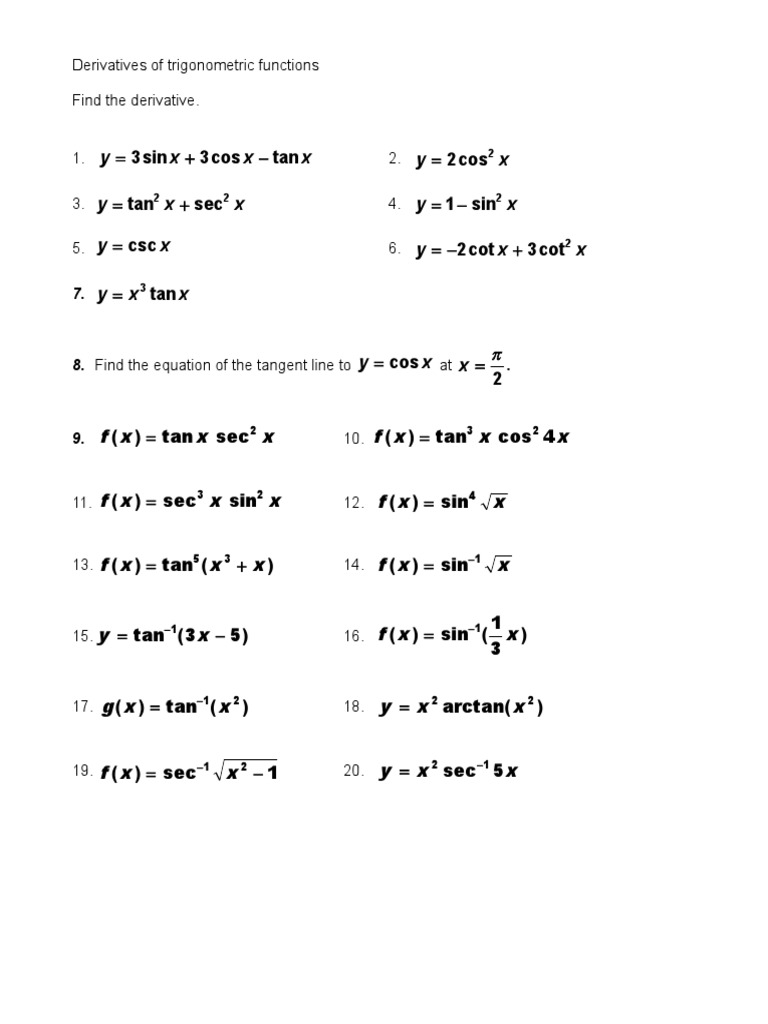 Worksheet Trig Derivatives | PDF | Sine | Trigonometric Functions