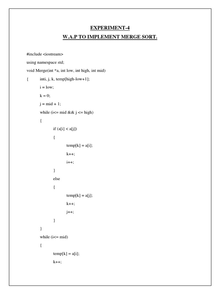 Experiment 4 W A P To Implement Merge Sort Pdf Computing Discrete Mathematics