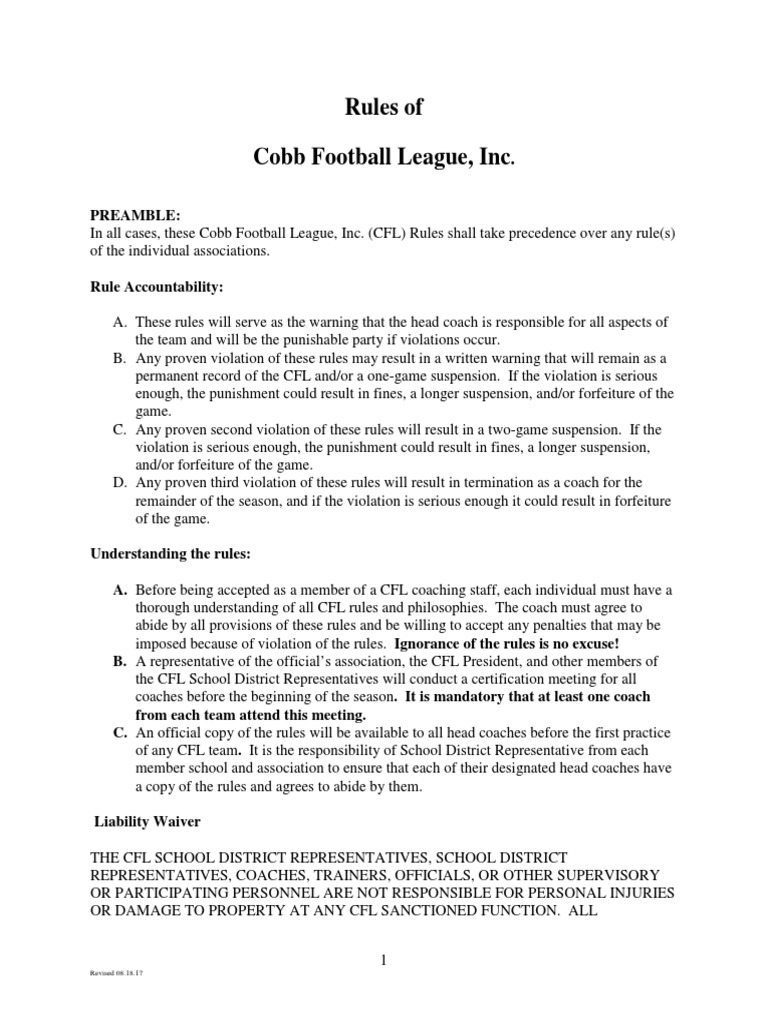 Cobb Football League Coaching Rules | PDF | Sports Rules And ...