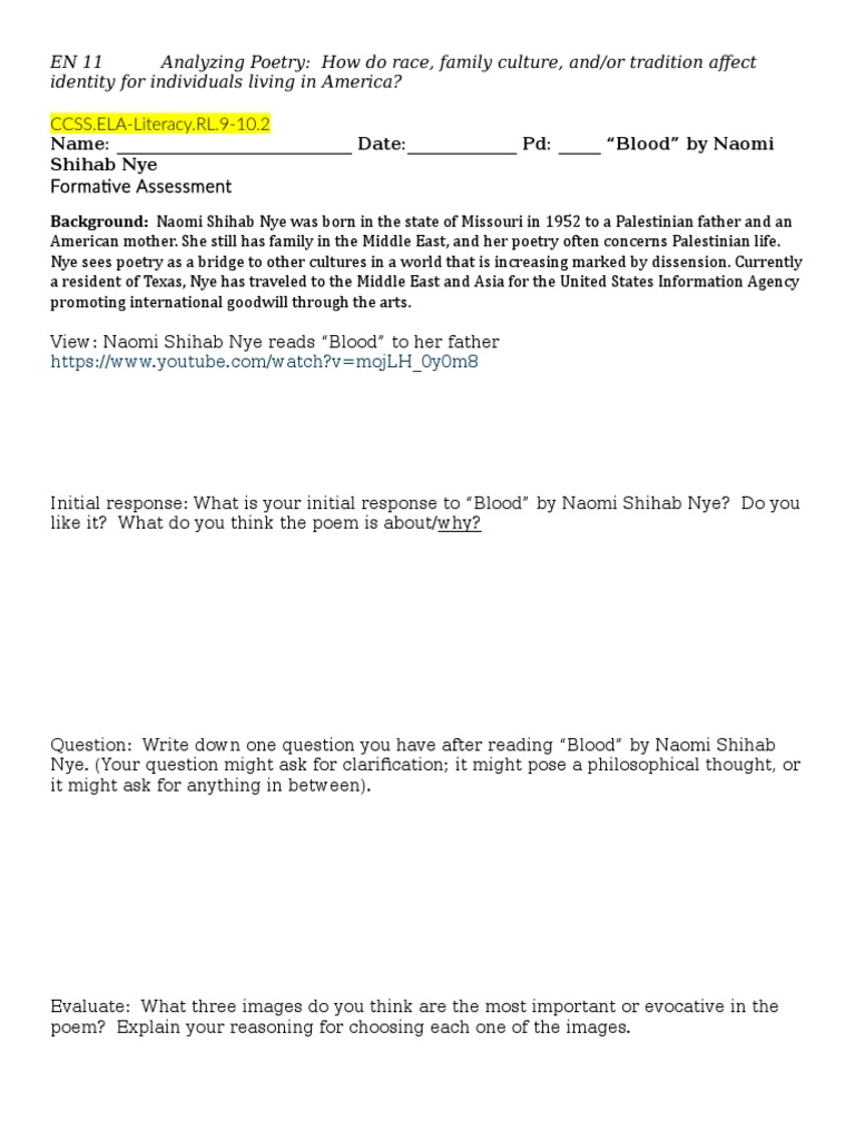 Analyzing Poetry-Blood by Naomi Shihab Nye | PDF | Poetry | Cognitive ...