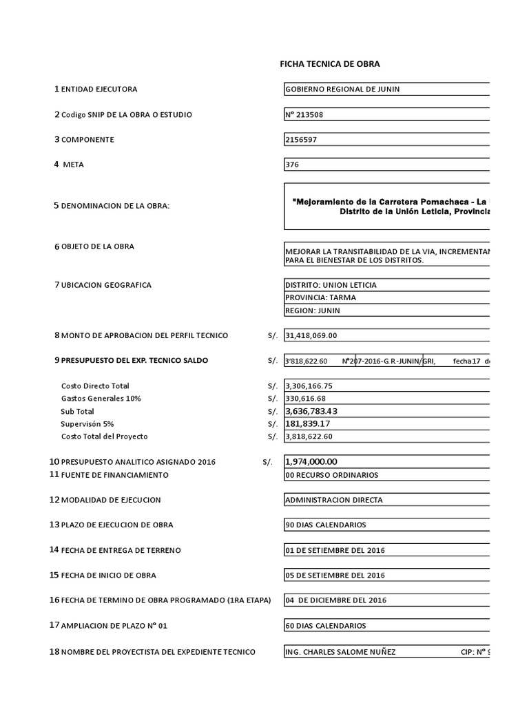 Ficha Tecnica de Obra | PDF