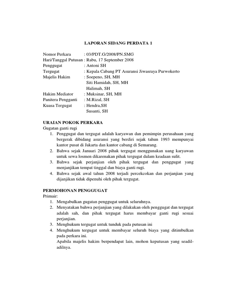 Contoh Laporan Sidang Perdata | PDF | Hukum