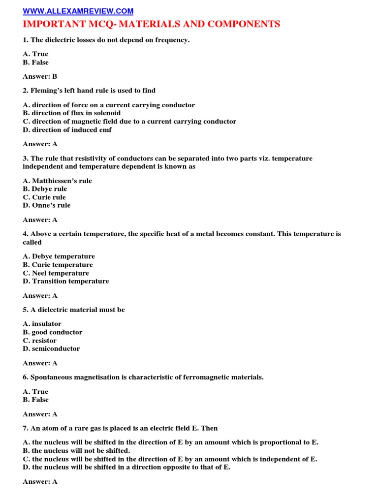 Important MCQ - Materials and Components | PDF | Electrical Resistivity ...