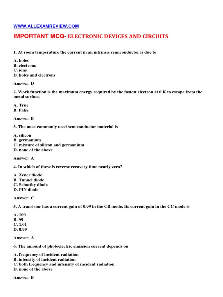 Important MCQ - Electronic Devices and Circuits | Download Free PDF | P–N Junction | Diode