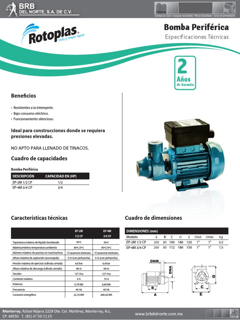 Bomba Periférica Rotoplas: Especificaciones | PDF