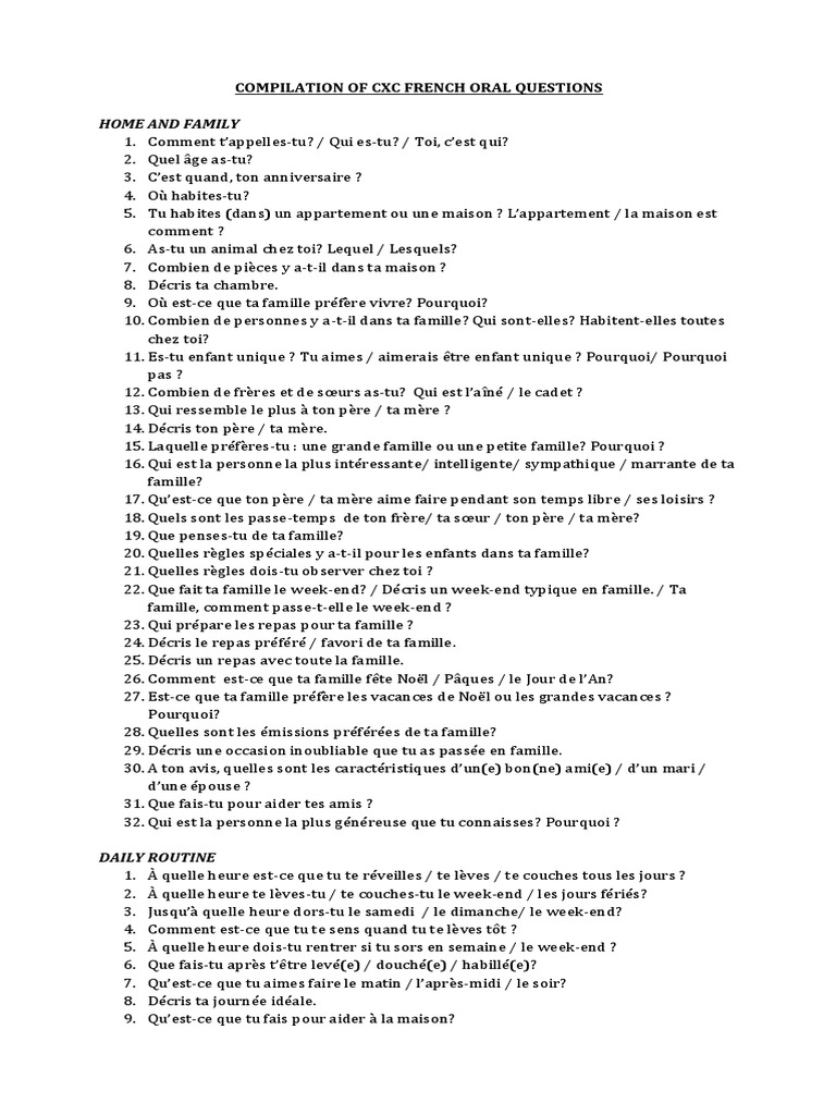 Compilation of CXC French Oral Questions | PDF