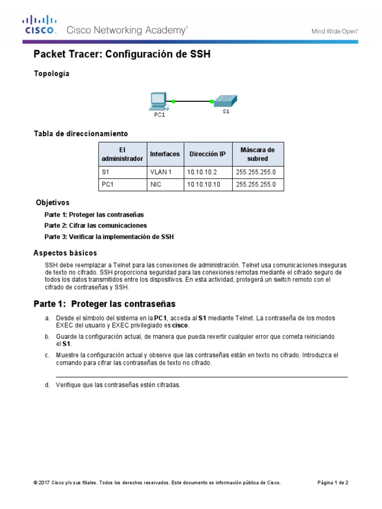 5.2.1.4 Packet Tracer - Configuring SSH Instruction | PDF | Cubierta segura | Contraseña
