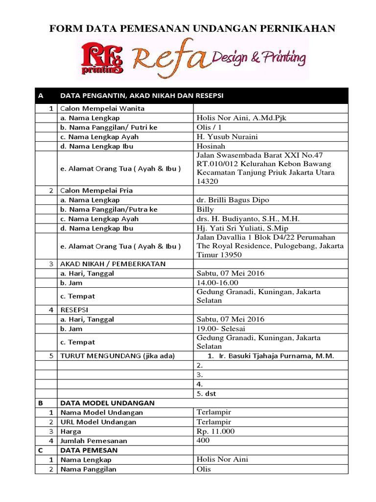 Form Data Undangan Refa Printing | PDF