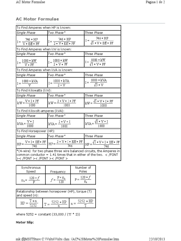 AC Motor Formulae | PDF