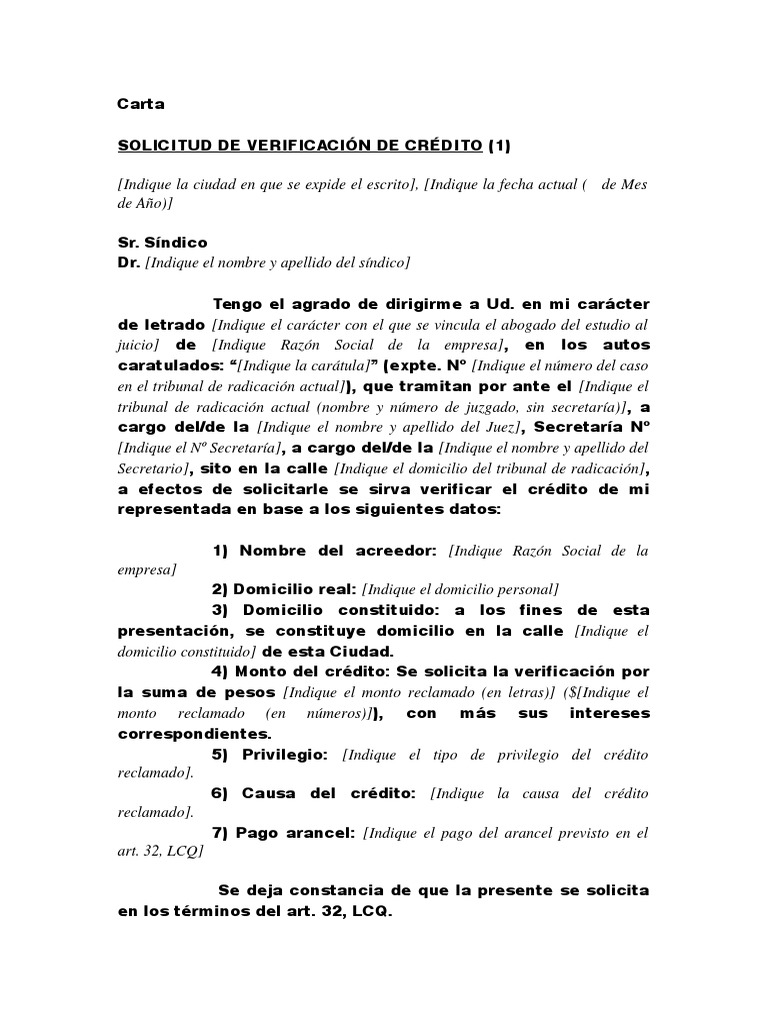 Carta Solicitud de Verificación de Crédito