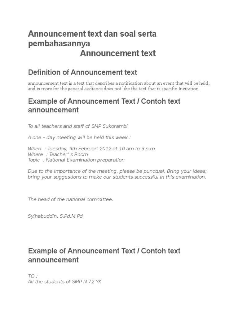 Contoh Announcement Singkat