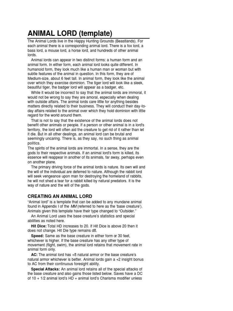 Animal Lord (Template) | PDF | Leisure