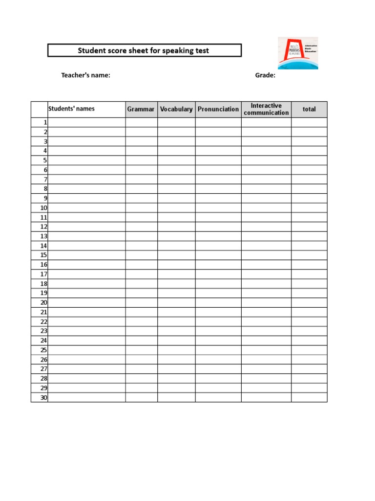 Student Score Sheet For Speaking Test: Teacher's Name: Grade | PDF