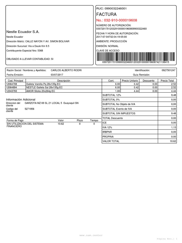 2017-07-03 0927501247-FACTURA-032-910-000019608-0990032246001-Nestle Ecuador S.A. | PDF ...