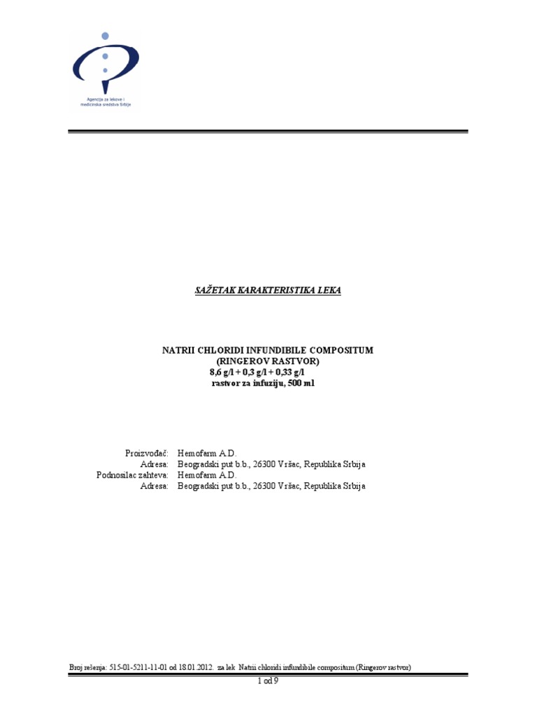 Natrii Chloridi Infundibile Compositum (Ringerov Rastvor) 8,6 G/L + 0,3 ...