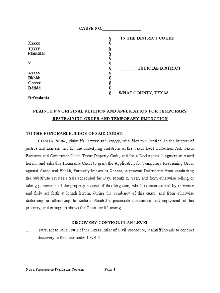 Original Petition TRO Example | Mortgage Law | Promissory Note