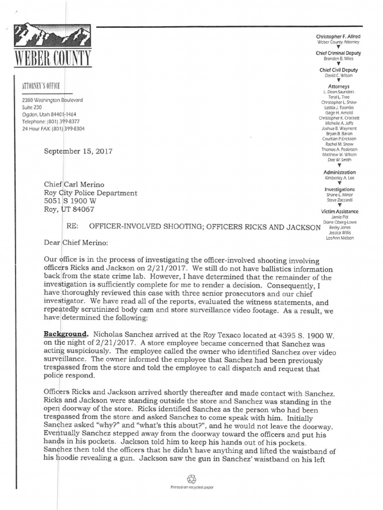 Weber County Letter About Officer Involved Killing | PDF