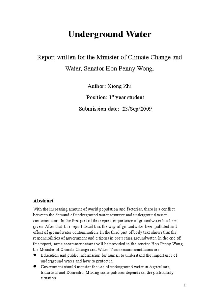 Underground Water: Report Written For The Minister of Climate Change ...