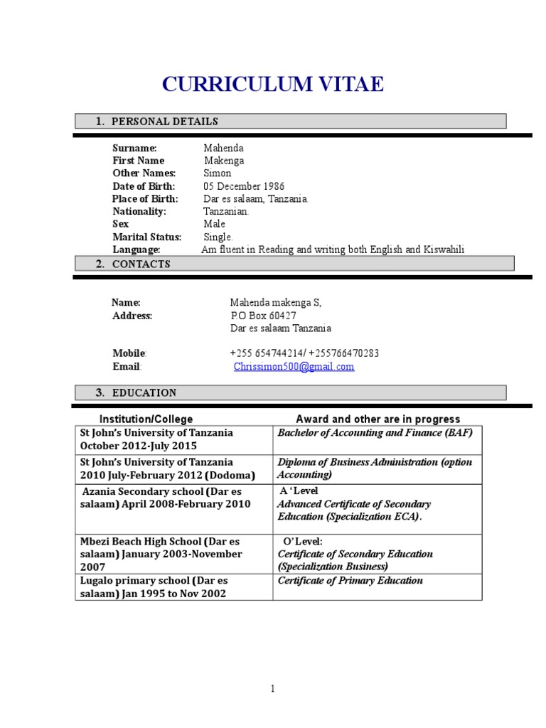 CV Sample for Job Applications in Tanzania | PDF | Tanzania | Pension